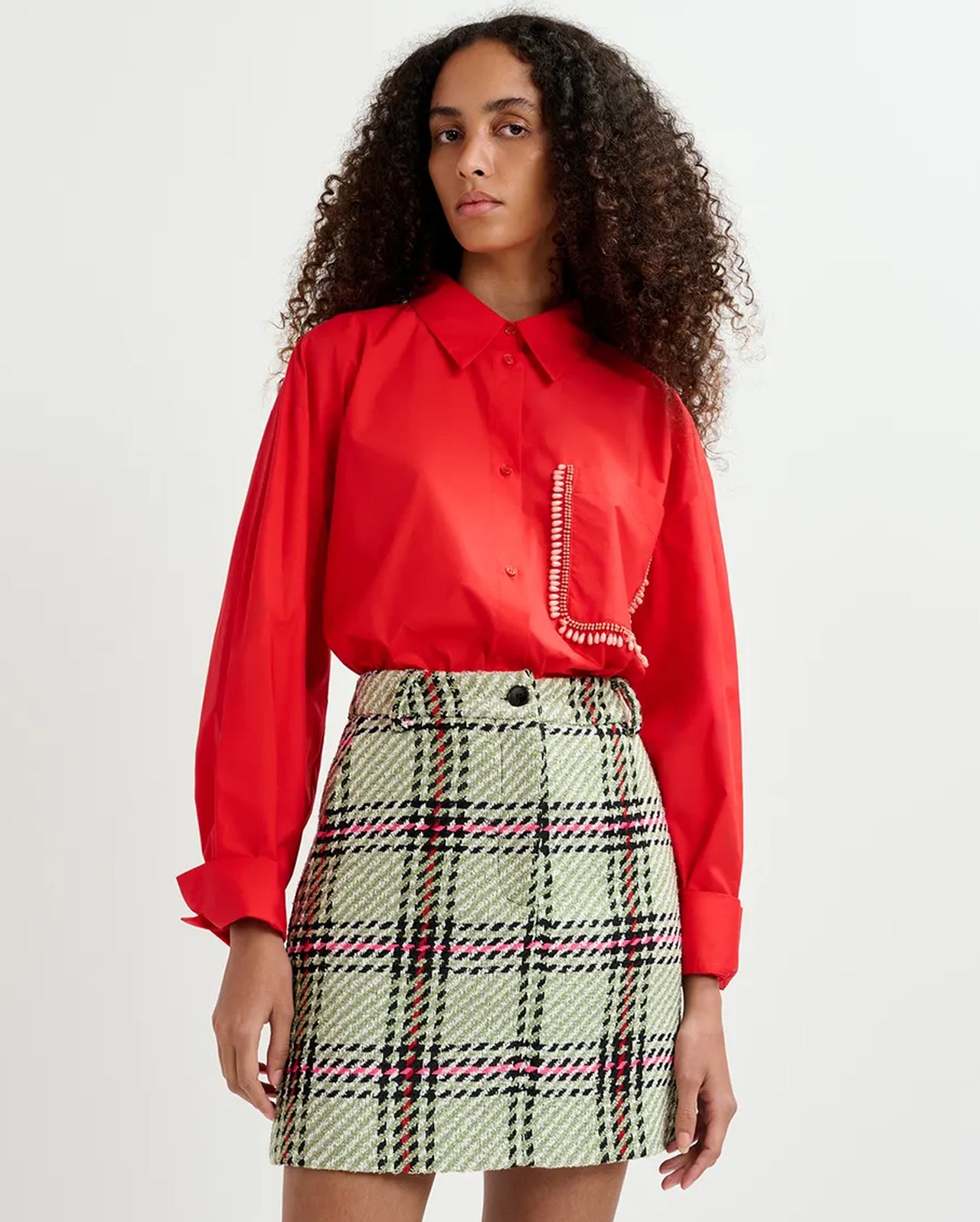 Cotton Shirt with Beaded Embroidery (Red) – Who Boutique
